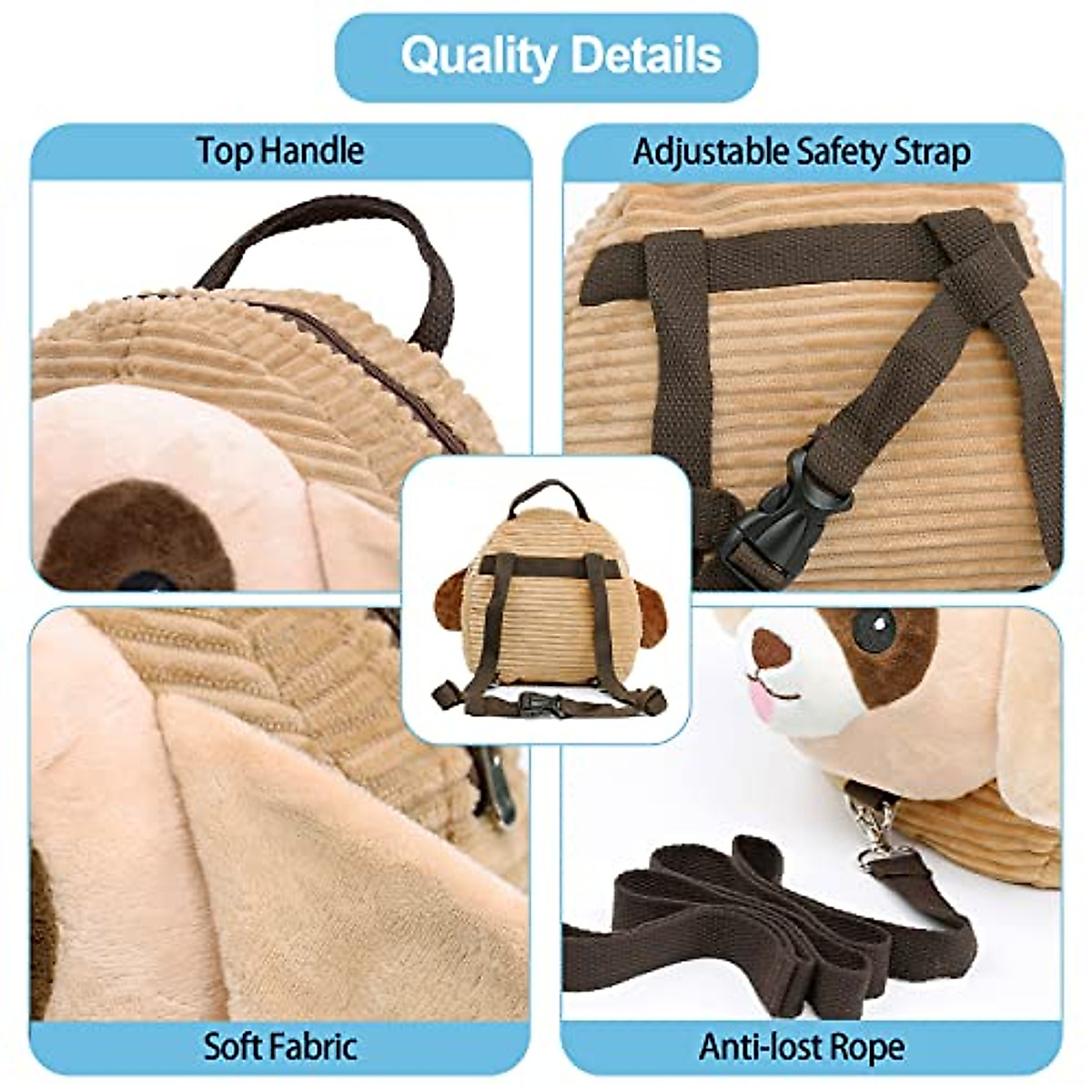 Baby Safety Backpack with Anti-Lost Leash,PHEENOWL Toddler Harness Mini Cute 3D Cartoon Animal Travel Bag with Safety Tether,Kids Backpacks with Safety Harness Reins for Child Boys Girls (Dog)