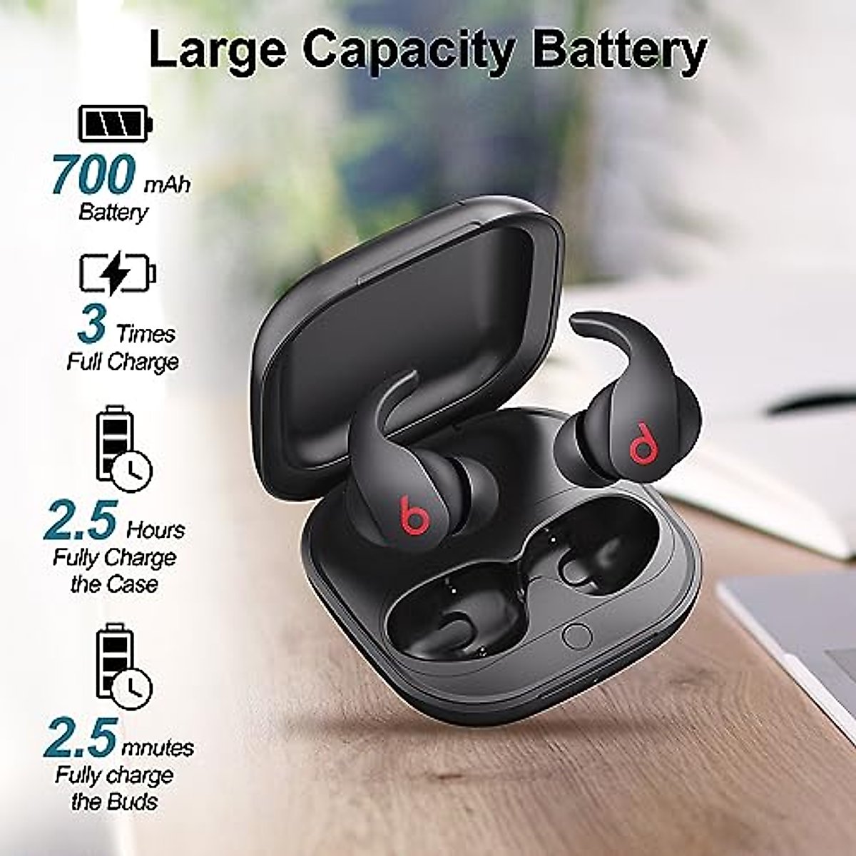 Wireless Charging Case for Beats Fit Pro, Replacement Charger Case for Beats Fit Pro with Bluetooth Pairing, 700mAh Built-in Battery, Support Wireless and Wired Charging, Not Include Earbuds (Black)