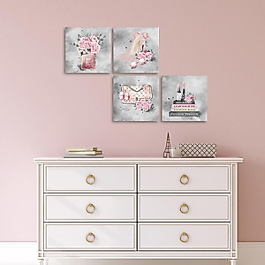 Wall Art Prints Pictures Pink Wall Decor for Bedroom Women Perfume Artwork Girl Bag Paintings for Wall Decorations 10"x 10"x 4 Pieces