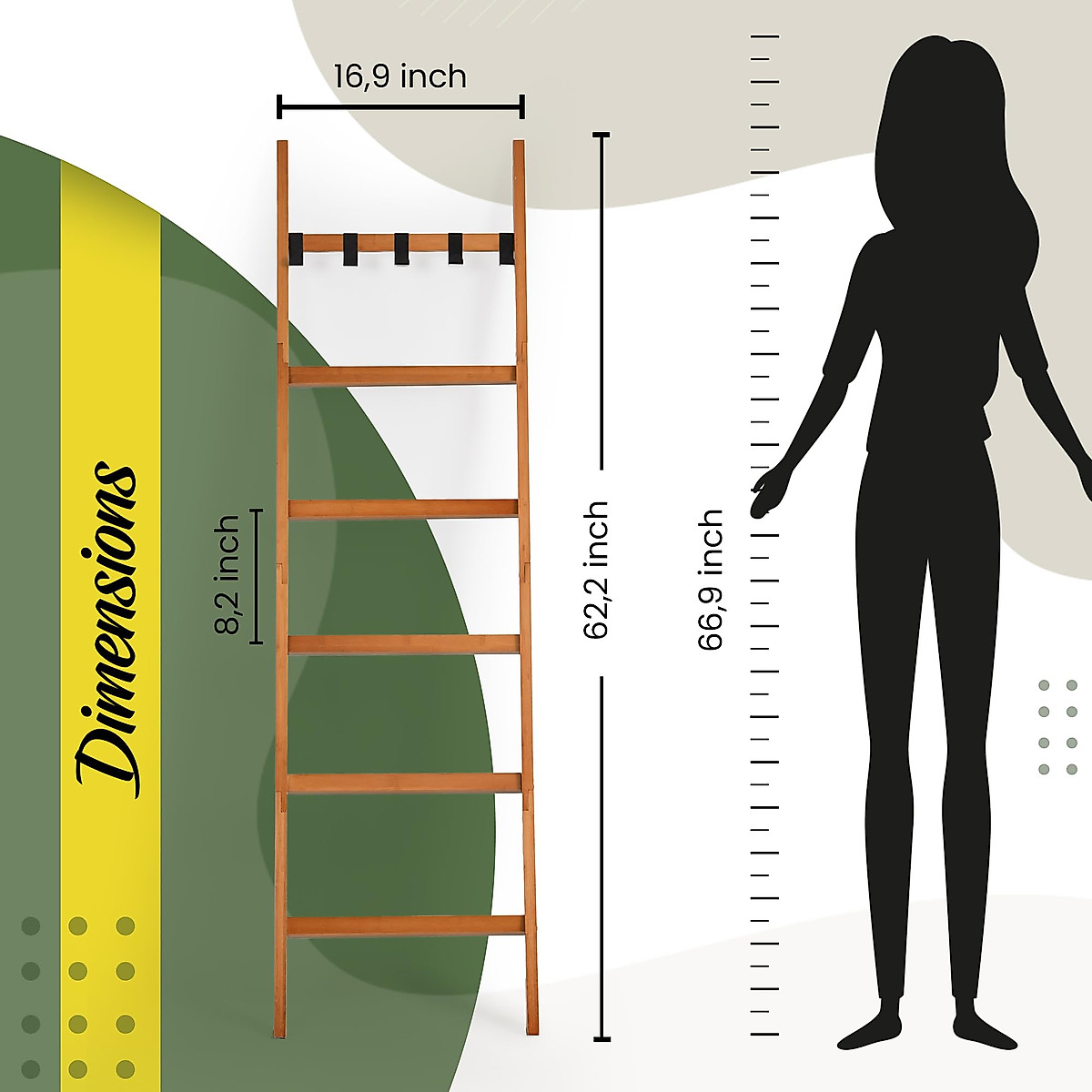 Blanket Ladders for The Living Room - 62 Inches - Decorative Ladder for Blankets, Throws, Quilts - 6 Tiers Ladder Blanket Holder with Hooks, Non-Slip Pads - Black, Grey, White, Brown (Black)