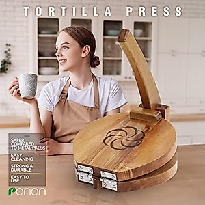 panan Wooden Tortilla Press Mexican Tortillera Presser Made from Natural Food-Grade Acacia Wood - Large Wood Pataconera with 50 Pieces Parchment Paper, Dough Cutter and Recipes eBook (Round 10")