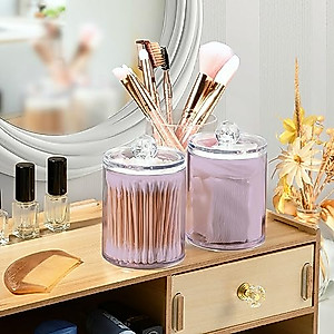 Gredecor 2 Pack Qtip Holder Organizer Dispenser Clear Thistle Purple Bathroom Storage Canister Cotton Ball Holder Bathroom Containers for Cotton Swabs/Pads/Floss