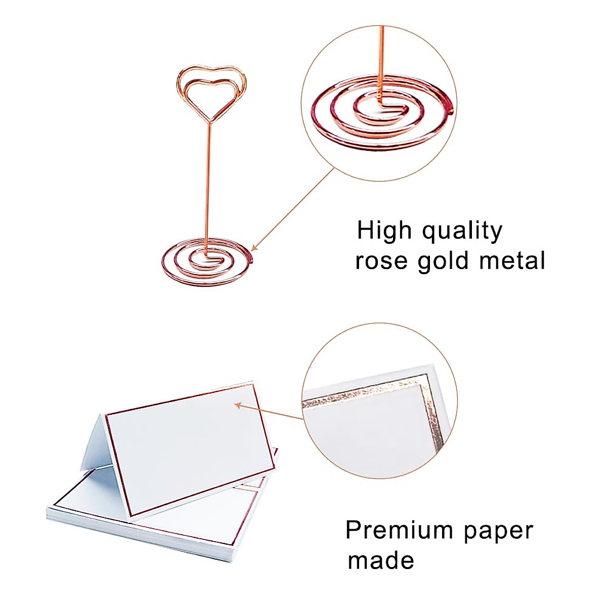 24Pcs Rose Gold Table Place Card Holder and 24Pcs Place Cards with Rose Gold Foil Border for Wedding, Restaurants, Banquets and Dinner Parties, 3.35inch Strong Table Sign Stand Perfect for Photo,