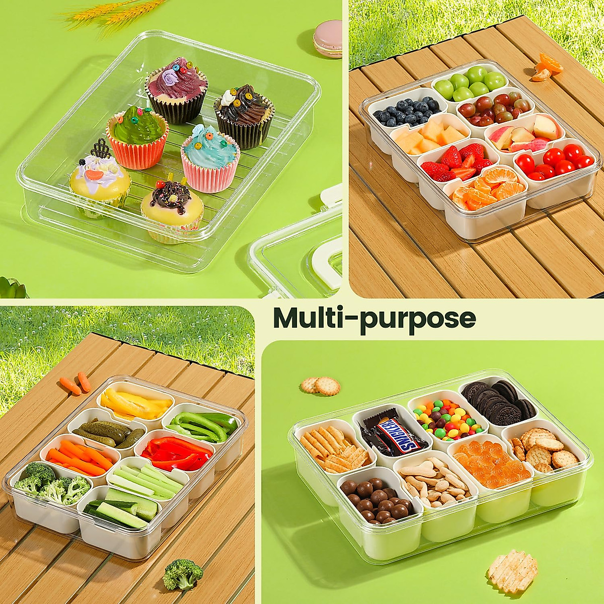 Cheweetty Portable Snackle Box Container, Divided Snack Tray with Lid and Handle, Clear Snack Box Container with 8 Compartments