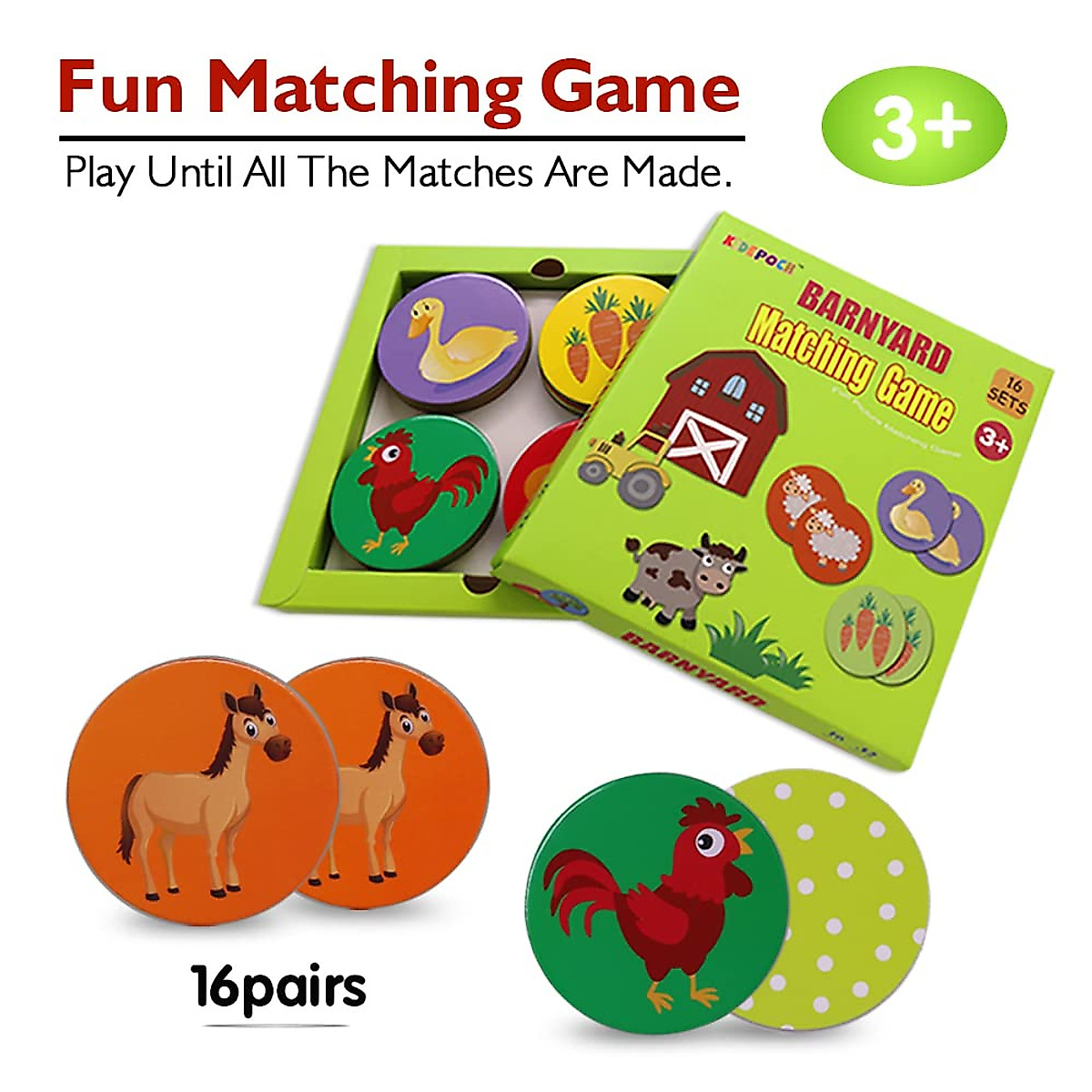 KiDEPOCH Memory Match Game – 16 Matching Pairs Preschool Memory Games Featuring Barnyard Element, Non Toxic Educational Memory Matching Game, Perfect for Kids, Toddlers, 3 Year Old or Up
