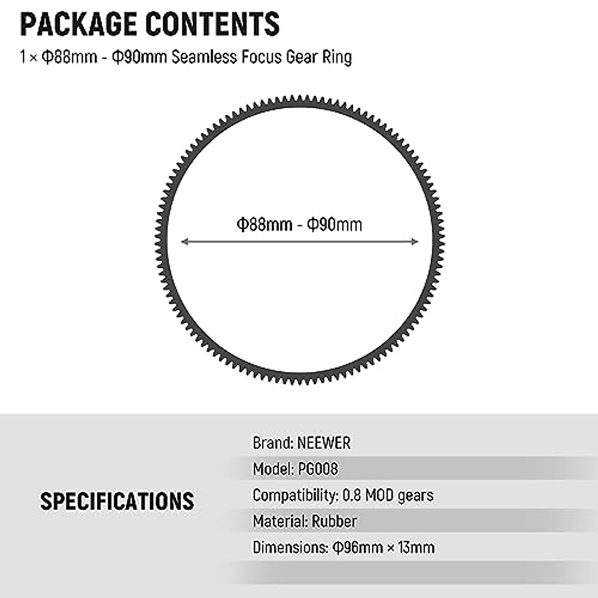 NEEWER PG008 Seamless Follow Focus Gear Ring 0.8 MOD for ø88-90mm Lens, Compatible with SmallRig Compatible with Tilta NEEWER Follow Focus for Canon Sony Nikon Fujifilm Panasonic Sigma Lens