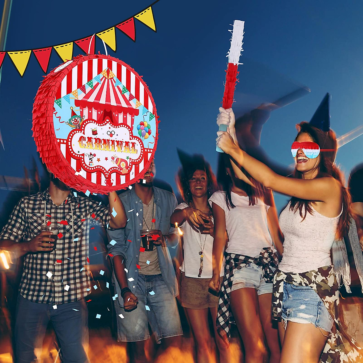 Deekin Carnival Pull String Piñata Circus Tent Piñata with Blindfold Piñata Stick and Confetti Large Carnival Piñata for Birthday Party Circus Carnival Party Decorations Supplies for Kids Baby Shower