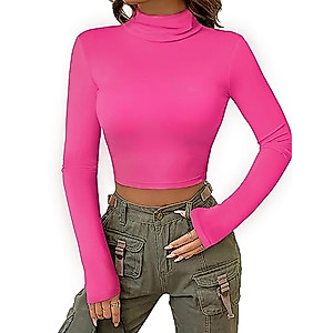 MSBASIC Pink Crop Tops for Women Trendy Underscrub Long Sleeve Turtleneck Basic Slim Fit Tshirts(X-Large,Hot Pink)