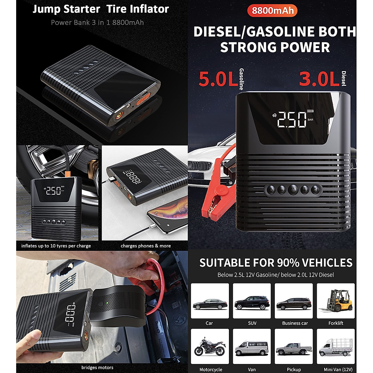 Usetify Car Battery Jump Starter with Tire Inflator Air Compressor Air Pump Inside [Fast Inflate 150PSI] [8800mAh Strong Power] for Car Motorcycle Bicycle Ball, 12V Emergency Auto Battery Booster