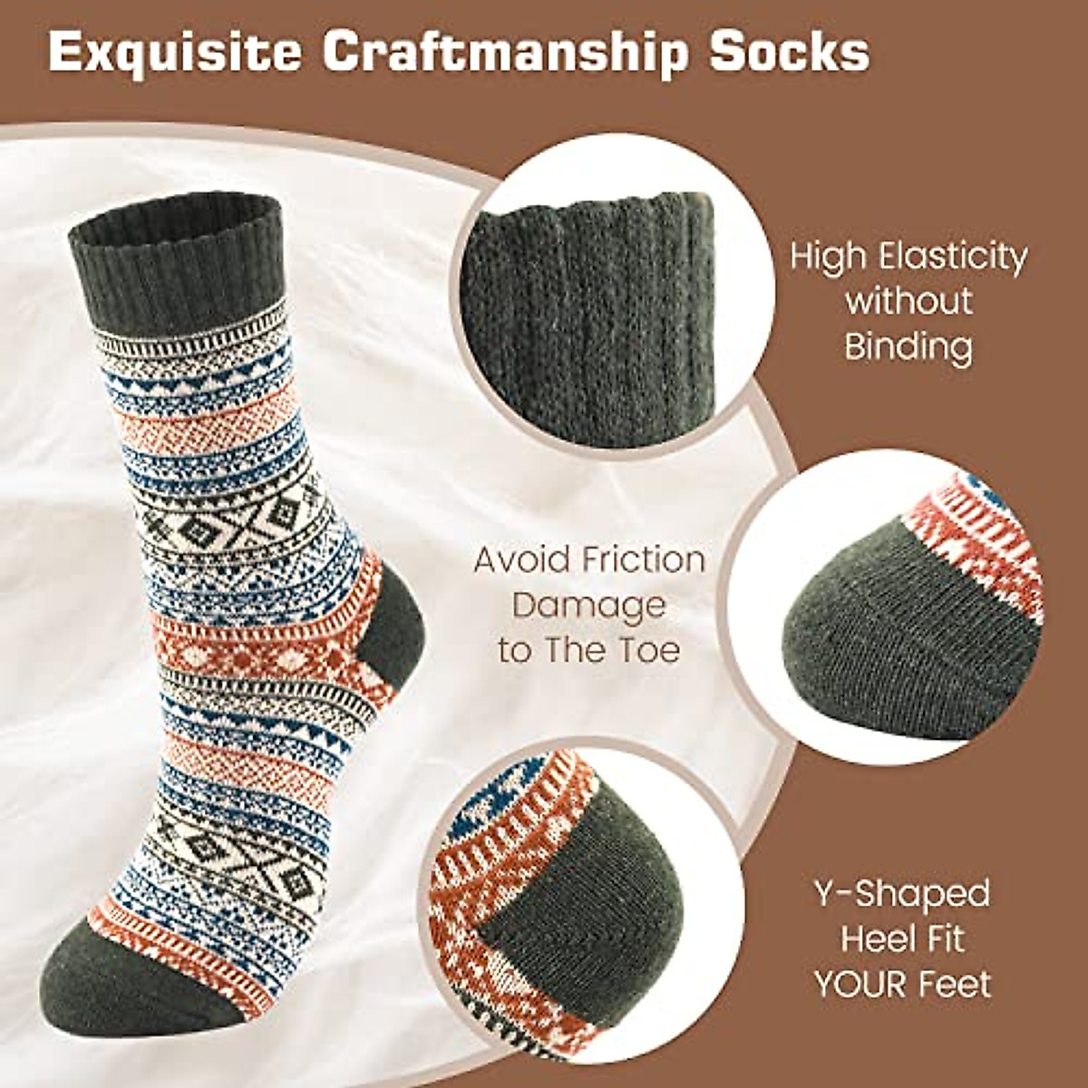 Loiyadn Loyaidn 5 Pairs Wool Socks for Women - Thick Soft Winter Socks for Women, Multicolored Winter Warm Boot Socks for Women Men