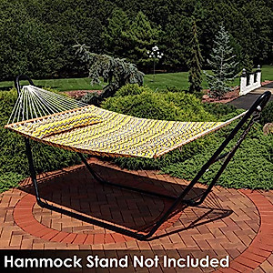 Sunnydaze 2-Person Quilted Printed Fabric Spreader Bar Hammock and Pillow - Large Modern Hammock with Metal S Hooks and Hanging Chains - Heavy Duty 450-Pound Weight Capacity - Yellow and Gray Chevron