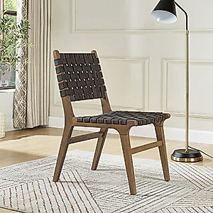 Ball & Cast Dark Grey Faux Leather Woven Strips Kitchen Dining Chair Living Room Side Chairs, 18 Inch K/D Set of 2