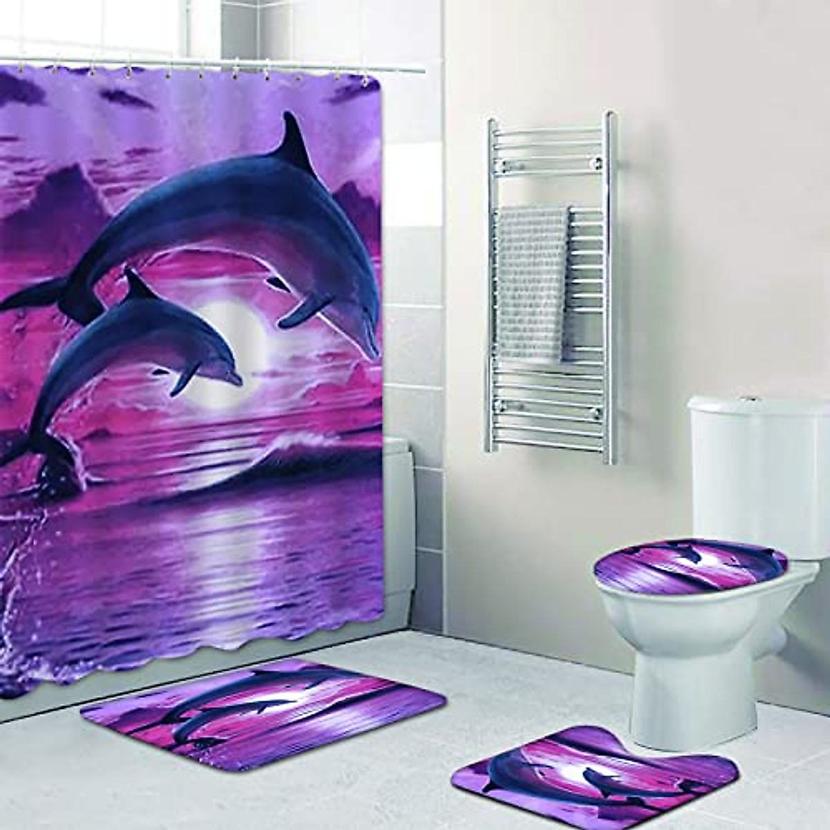 GUDAGUU 4 Piece Dolphin Shower Curtain for Bathroom Sets,Dolphines Jump on The Ocean Bathtub Decor with Bath Rugs,U Shape Mat Toilet Seat Cover and Hooks , 71 Inch Size Long Shower Curtains (Purple)
