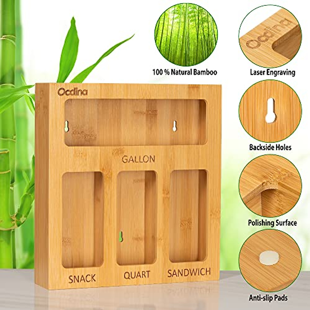 Ziplock Bag Organizer - Plastic Storage Bag Organizer for Kitchen Drawer - Bamboo Quart Baggie Organizer Dispenser for Gallon, Sandwich, Cookies, Snack Bags - Handmade Wooden Plastic Bag Holder-OCDINA