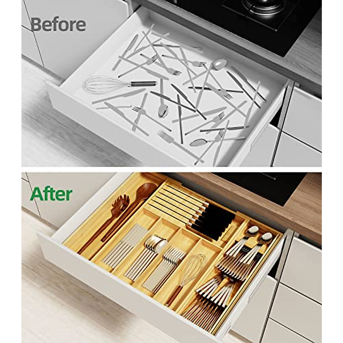 Delamu Expandable Silverware Organizer with Cutlery Organizer in Drawer, Flatware Utensil Organizer with Knife Organizer, Bamboo Kitchen Drawer Organizer for Large Utensils, Silverware Tray for Drawer