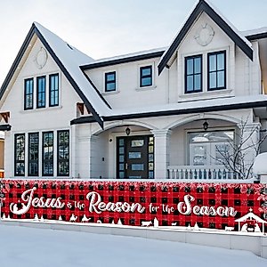Holy Nativity Christmas Banner Manger Scene Religious Christmas Yard Banner Jesus Is the Reason for the Season Banner Red Buffalo Plaid Hanging Banner for Xmas Winter Holiday Outdoor Indoor Decoration