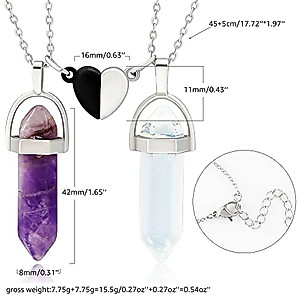MISS RIGHT Crystal Friendship Matching Couples Necklaces for Women Men with Magnetic Heart Charm, Dainty Rose Quartz Best Friends BFF Necklace for 2 Girls (White Opal & Amethyst)