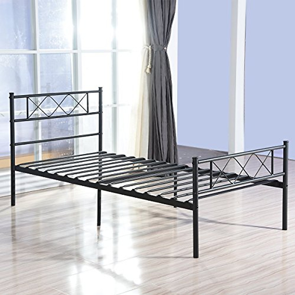 SimLife Metal Platform Bed Frame with Two Headboards Mattress Foundation/Slat Support/No Box Spring Needed, Twin Black