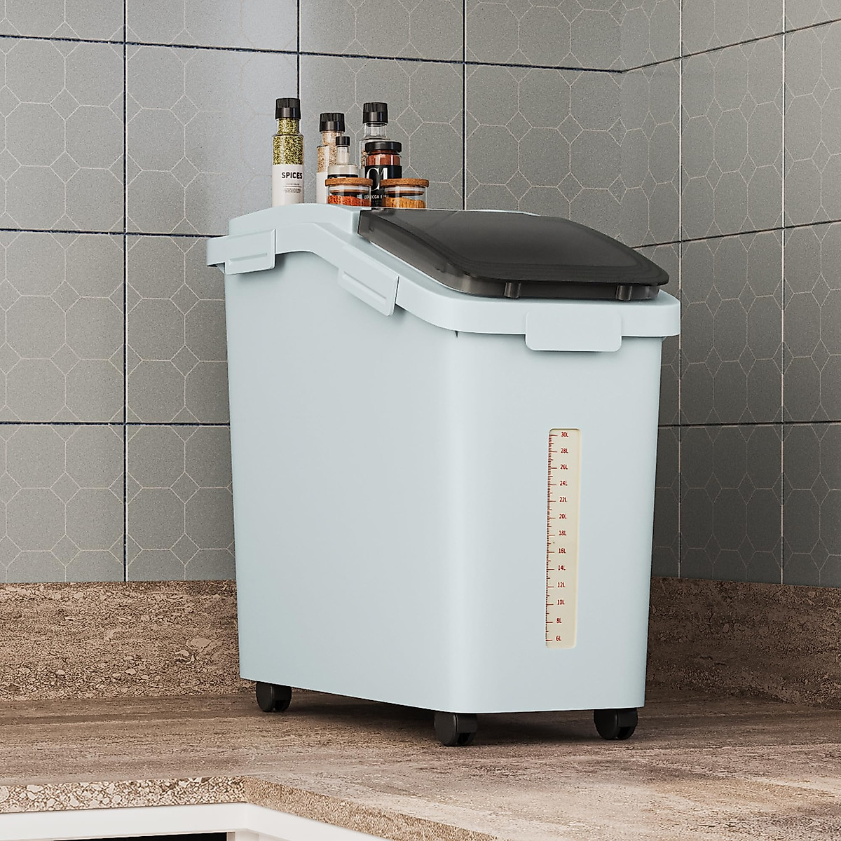 DWVO Large Ingredient Storage Bins, 11.4-Gallon Flour Rice Food storage Containers Bins with Wheels, Scoop and Airtight Lid for Dry Food, Flour, Cereal Grain, Sugar, Gray