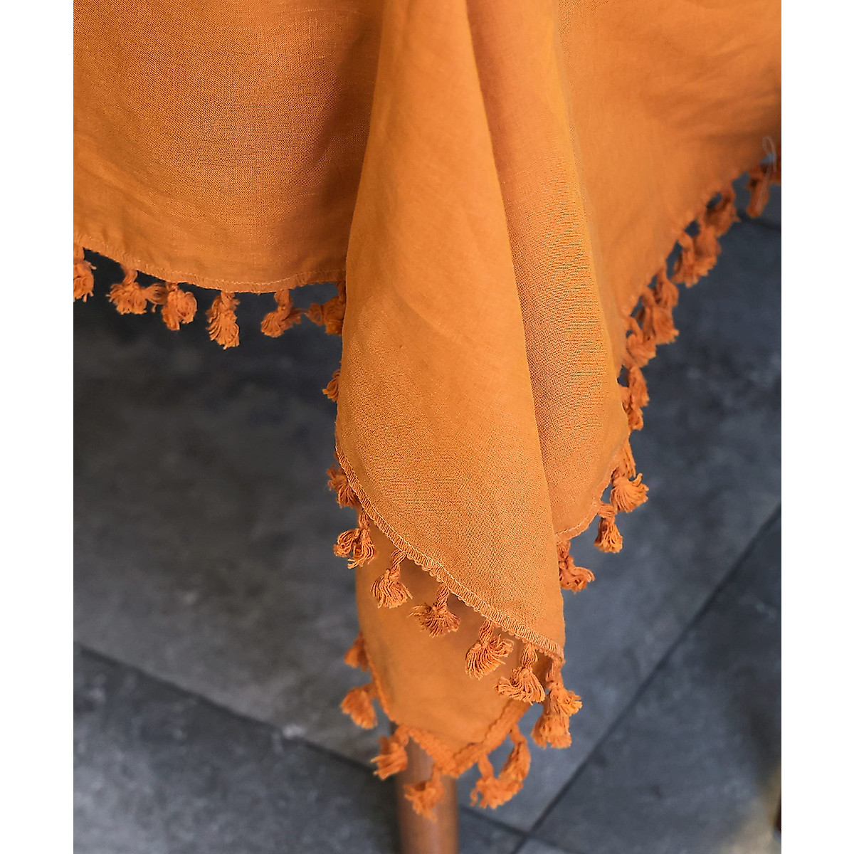 Dumlanrick Linen Table Cloth with Tassel - 100% Pure Linen 60x84 Inch Caramel Tablecloth, Washable Table Cover for Kitchen Dining Rectangle Tables Decoration