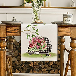Artoid Mode Tulip Buffalo Plaid Truck Spring Table Runner, Summer Seasonal Anniversary Holiday Kitchen Dining Table Decoration for Indoor Outdoor Home Party Decor 13 x 72 Inch
