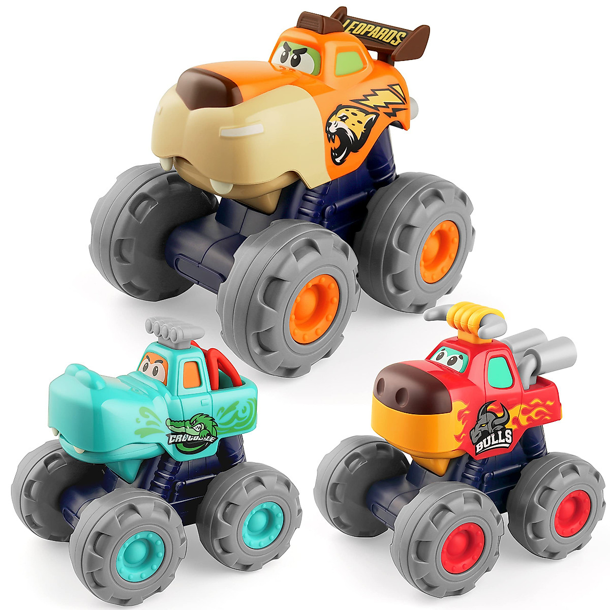 Coogam Friction Powered Cars 3PCS, Push and Go Construction Monster Vehicle Animal Trucks Toy Set, Gift for Birthday Baby Shower Xmas Year Old Toddler Girls Boys