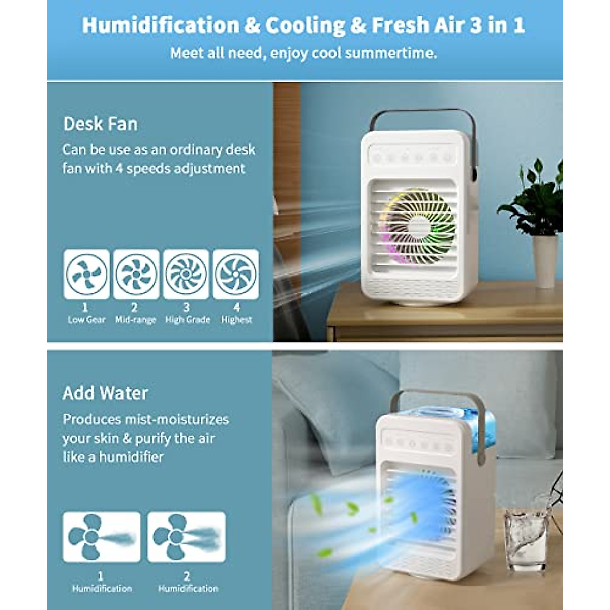 Personal Air Cooler, 70°Oscillating Evaporative Ultra Portable Personal Air Cooler with 7 Colors LED Light, 4 Wind Speeds, 2 Refrigeration, 2/4/6Timer, 2 Spray Modes and 450ml large tank for Office
