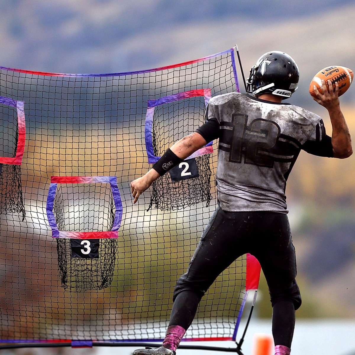 ChamGoal Football Trainer Throwing Net,7X7FT Football Throwing Net with 3 Targets Zone,Quarterback Training Equipment Includes Foldable Frame and Portable Carry Bag,Football Practice Net for Backyard