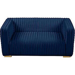 Meridian Furniture 640Navy-L Ravish Collection Modern | Contemporary Velvet Upholstered Loveseat with Deep Channel Tufting + Both Gold & Chrome Legs Included