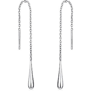 Savlano 925 Sterling Silver White Yellow & Rose Color Threader Dangle Drop Cross Line Ear Teardrop Long Chain Women's Earrings (White)