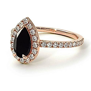 Gemsonclick Natural-Black Onyx 18K Rose Gold Ring Pear Shape Halo Diamond Design Wedding Engagement Handmade And Fashion Jewelry For Women Girl Available in size 7