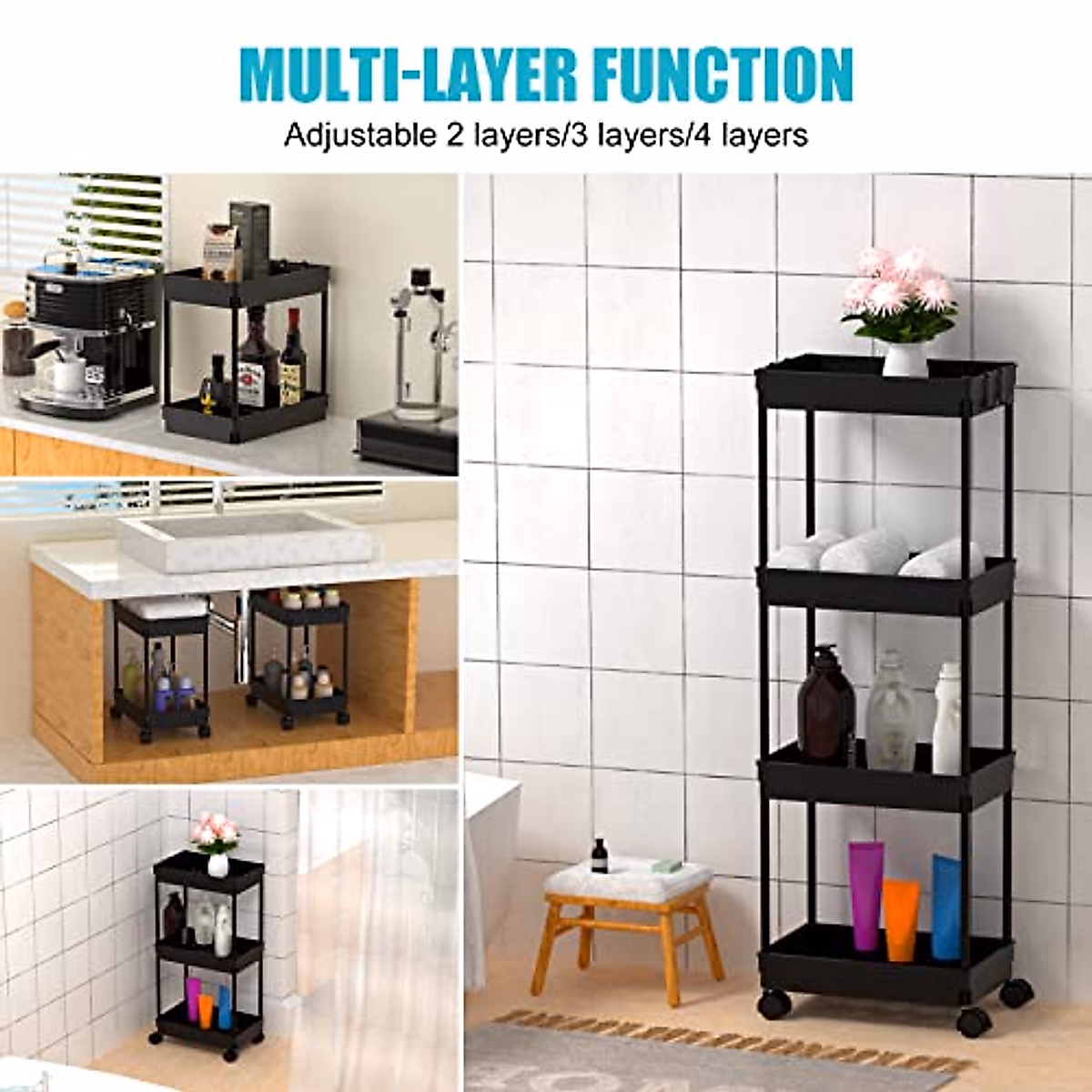 under sink organizers and storage, 2 Pack bathroom counter organizer and storage under sink 2 Tier under kitchen sink organizers with Wheels and Hooks, Multipurpose bathroom sink cabinet organizer