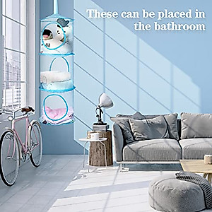 Fuyamp 2Pcs 75 * 26cm Stuffed Animal Storage Mesh Foldable Stuffed Animals Organizer Net or Hammock, 3 Compartments Hanging Mesh Toy Storage Basket for Kids Girls Boys Room Bathroom (Blue)