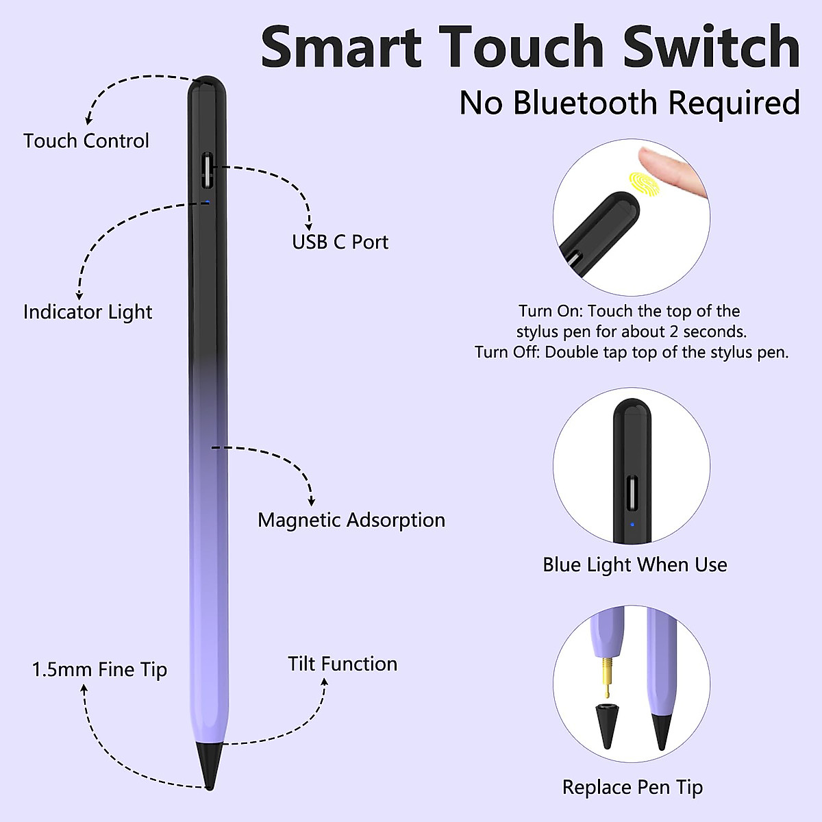 Stylus Pen for iPad 2018-2023, 15mins Fast Charge Apple Pencil for iPad 9th&10th Generation, Apple iPad Pro 11&12.9", iPad 8/7/6th Gen, iPad Air 3rd/4/5th Gen, iPad Mini 5/6th Gen (Black Purple)