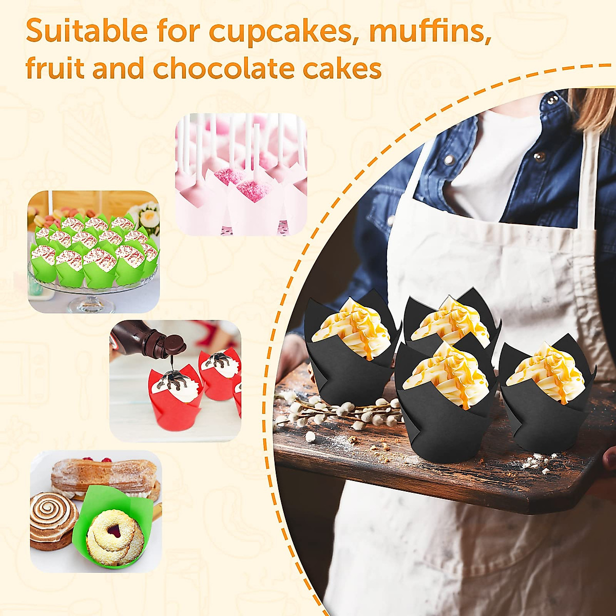 Xinlife Baking Cups 100Count Cupcake Liners Standard Tulip Baking Paper Cupcake Greaseproof Muffin Liners for Wedding Birthday Christmas Party Baby Shower Anniversaries All Festivals, Black