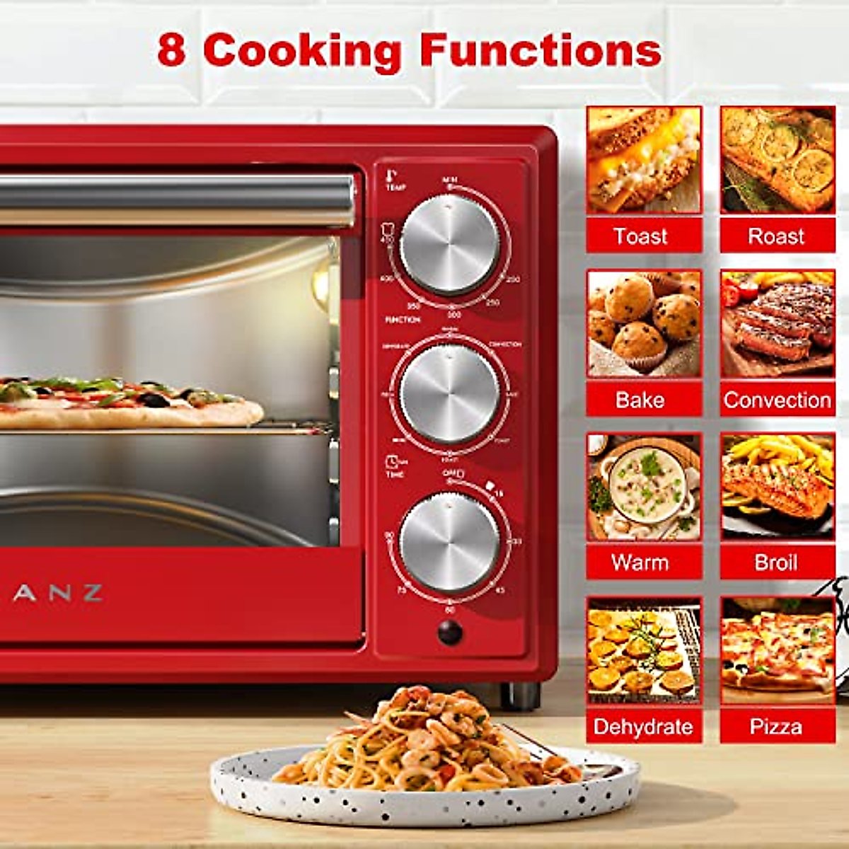 Galanz GRH1209RDRM151 Large 6-Slice Retro Toaster Oven with True Convection 8-in-1 Combo, Toast, Roast, Broil, 12” Pizza, Dehydrator with Keep Warm Setting, 0.9 Cu.Ft, Red
