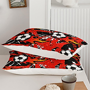 AILONEN Soccer Comforter Set Full Size, Red Flame Black Basketball Pattern Bed in a Bag for Boys Teens Kids Men,Comic Soccer Sports Theme Quilt Set,1 Quilt and 2 Pillowcases,3 Pieces