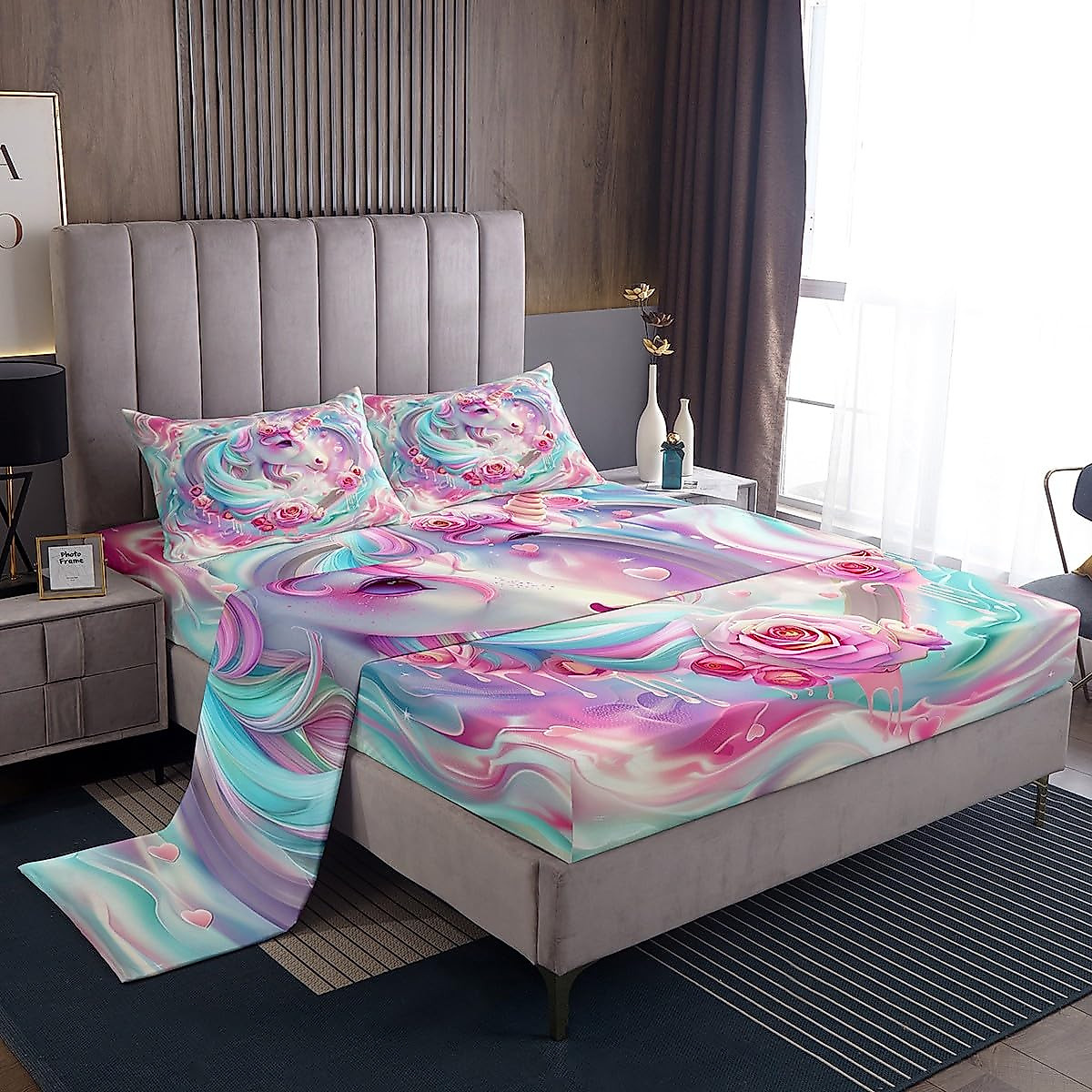Unicorn Twin Size Bedding Sets 3 PCS Kids Cartoon Unicorn Fitted Sheet for Girls Bedroom Pink Unicorn Rose Bed Set with 1 Pillowcase,Rainbow Deep Pocket+1 Flat Sheet