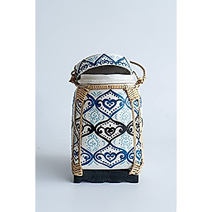 Siam Sawadee White Weaved Bamboo Rice Basket, Hand Woven Thai Rattan Jar, Handcrafted Traditional Household Wicker Container, Moroccan Pattern Painted, Handmade in Thailand, 7x12 inches