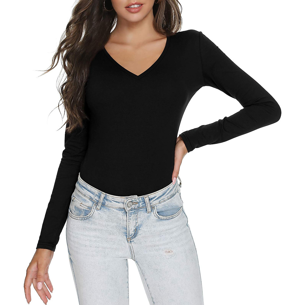 LINDLOOK Women's Slim Fitted V Neck Long Sleeve T Shirt Basic Soft Cotton Tops(Black/V-Neck,L)