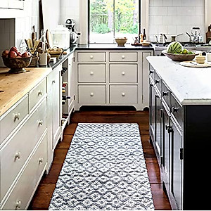 Dash and Albert Denim Rag Diamond Ivory Handwoven Cotton Rug, 3 X 5 Feet, Blue Geometric Pattern