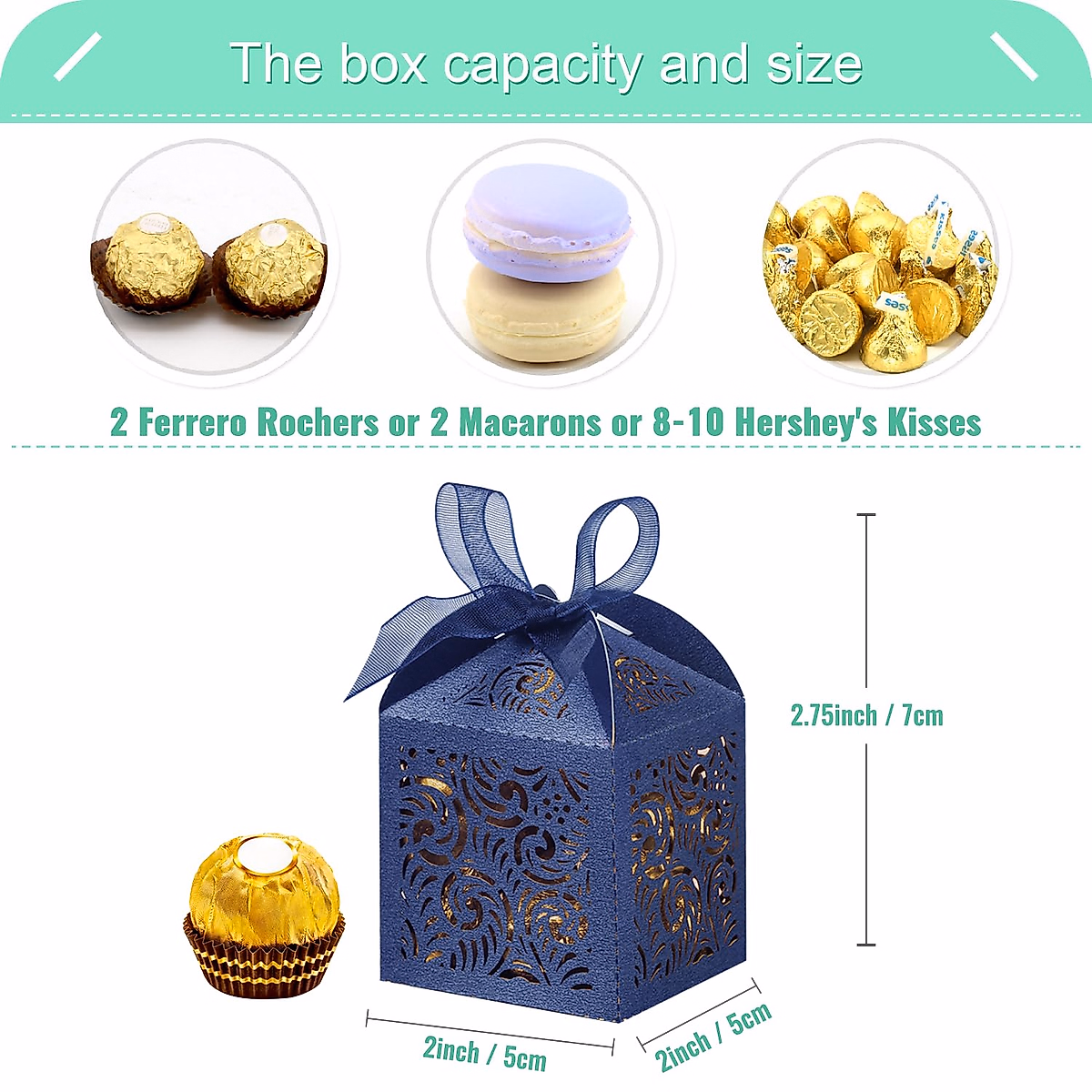 COTOPHER 100Pcs Laser Cut Favor Boxes, 2x2x2.75in Small Gift Boxes for Presents, Party Wedding Favors Boxes with Ribbon, Mini Candy Boxes for Event Bridal Shower Anniversary Birthday Christmas, Navy