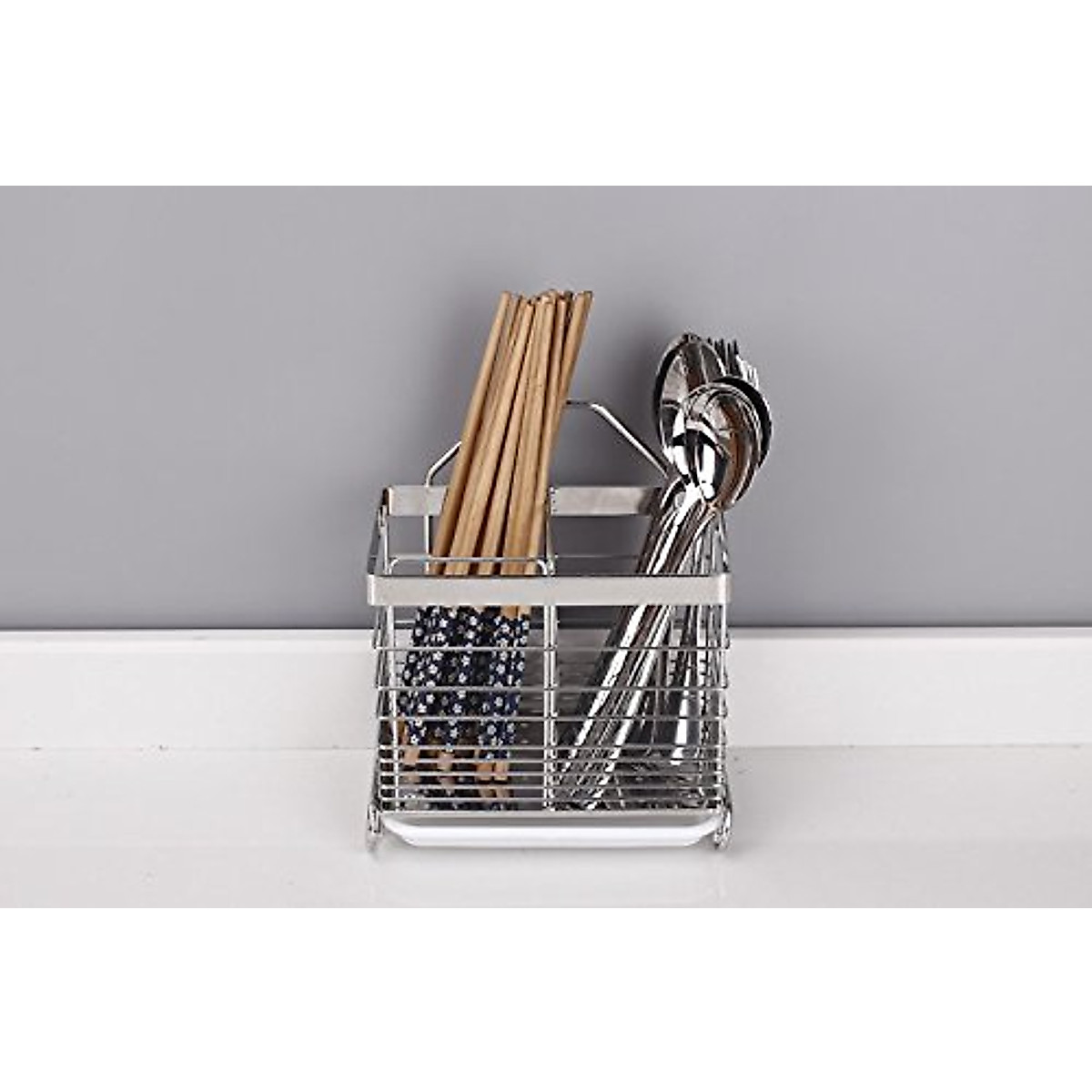 SUS 304 Stainless Steel Hanging 2 Compartments Mesh Utensil Drying Rack/Chopsticks/Spoon/Fork/Knife Drainer Basket Flatware Storage Drainer (Square)