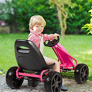 Costzon Pedal Go Kart for Kids, 4 Wheels Pedal Powered Ride on Toy, Outdoor Racer Children's Foot on Riding Car w/Adjustable Seat, Rubber Tires & 2 Brakes for Boys & Girls Age 3 to 8 (Pink)