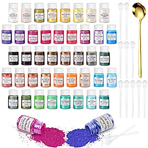 ZOCONE Mica Powder for Epoxy Resin, 42 Colors 0.35 oz (10g) Each Jar Mica Pigment Powder 11 PCS Spoons, Colors Mica Powder for Soap Making, Candle Making, Bath Bomb, Nail Art, Slime, Craft Projects