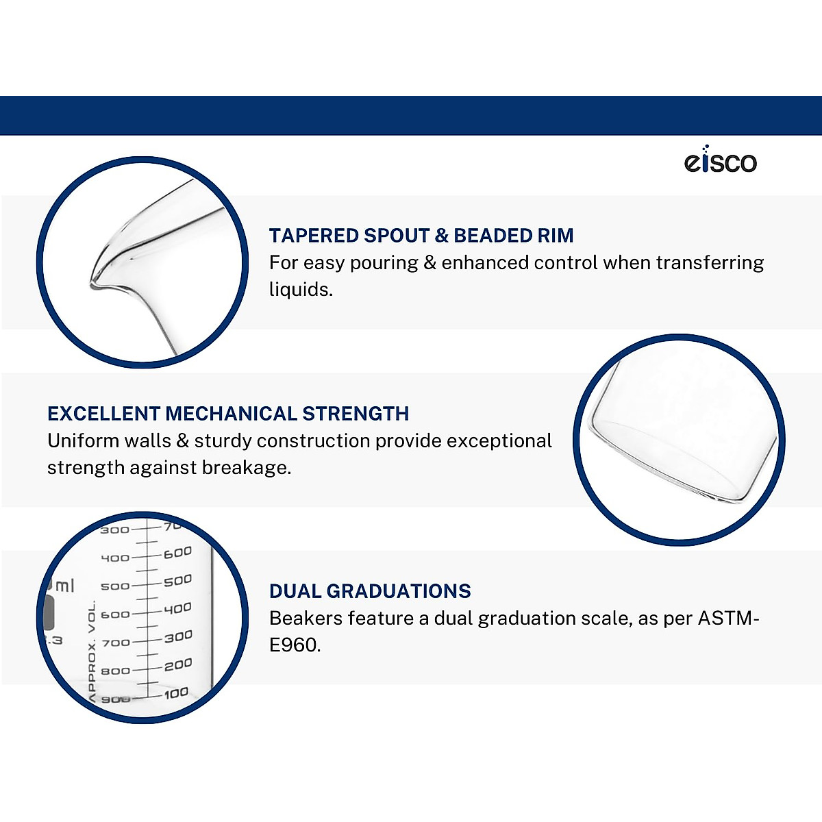EISCO Beaker, 2000ml - ASTM - Low Form with Spout - Dual Scale, White Graduations - Borosilicate 3.3 Glass