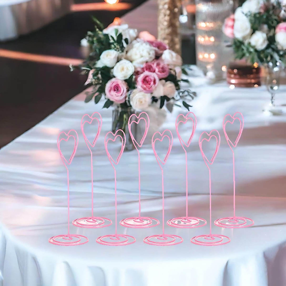 12pcs Table Number Holders, Pink Love Heart Place Card Holder Photo Holders for Tables Wire Photo Holder Clip Table Picture Holder for Wedding Anniversary Birthday Party