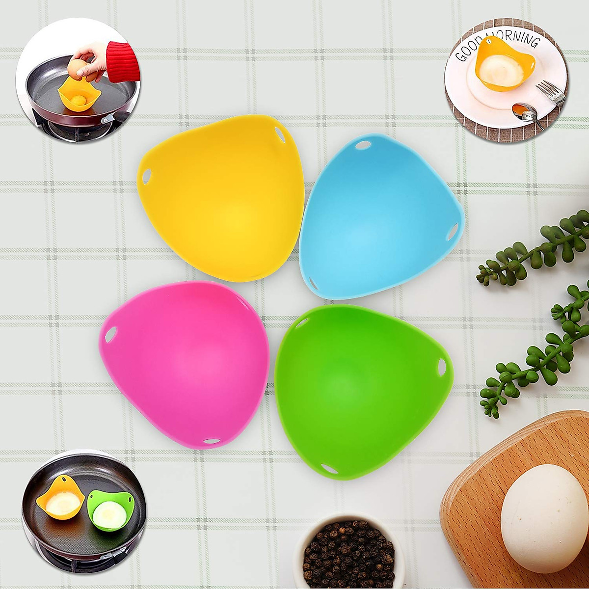Poached Egg Cup Pack of 4,Silicone Egg Poacher Cups with Ring Standers,Eggs Poaching Cups for Stovetop or Microwave Egg Cooking, Easy Release and Cleaning - BPA Free,Stove Top and Dishwasher Safe