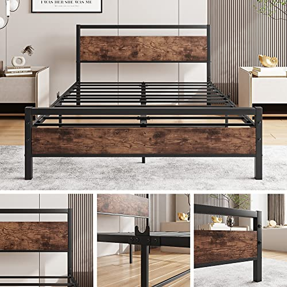 HOJINLINERO Full Size Bed Frame with Headboard, Heavy Duty Platform Bed Frame Full Reinforced Steel Square Tube Platform Strong Slats Support/No Box Spring Needed,Black