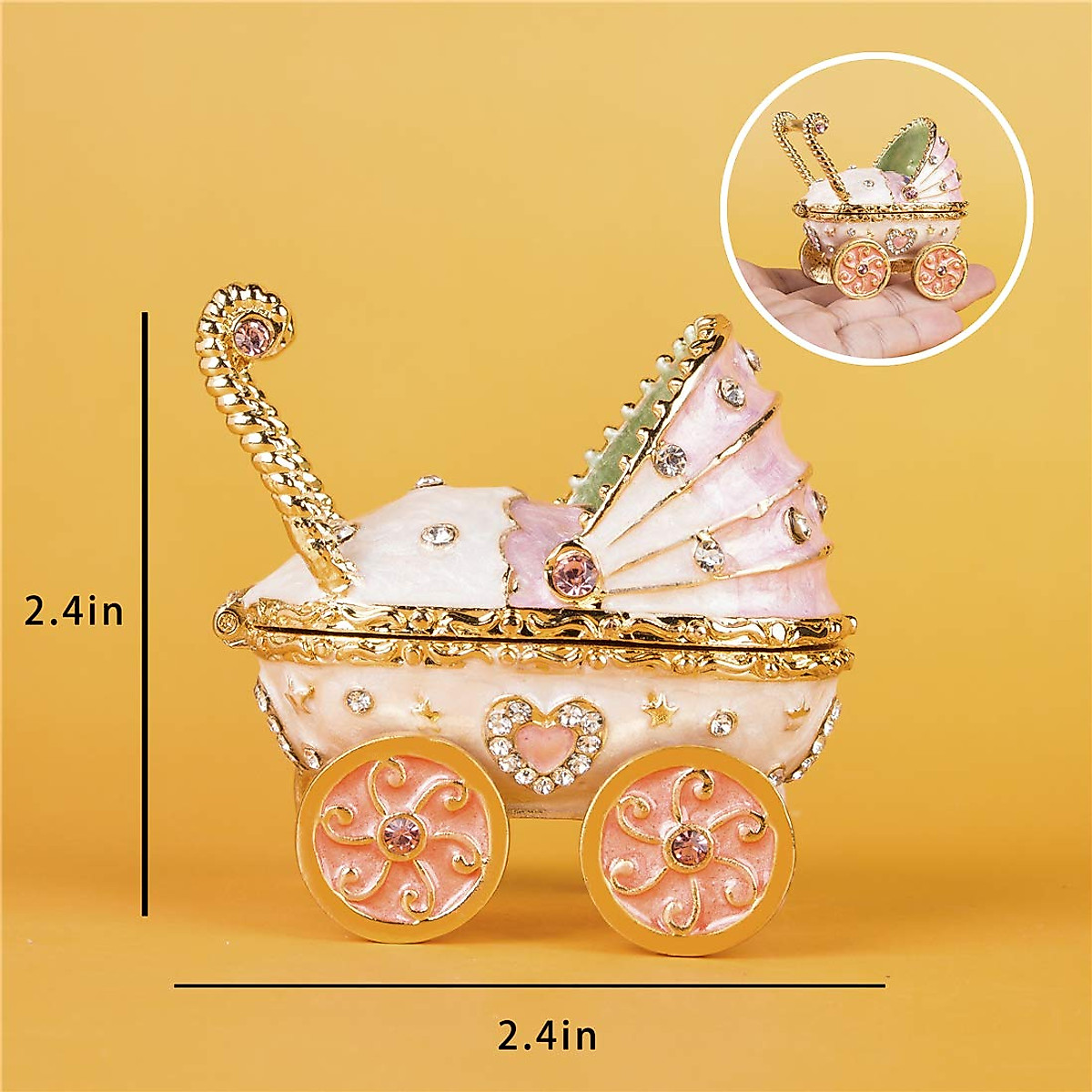 YU FENG 2.5'' Baby Pink Carriage Stroller Shaped Jewelry Trinket Boxes Hinged,Hand-painted Enameled Decorative Box Jewelry Ring Holder Organizers For Women,Girls